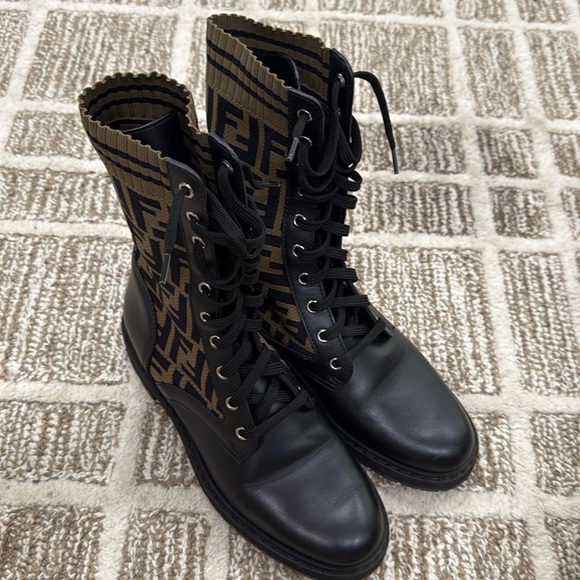 Fendi | Shoes | Fendi Blackbrown Fabric And Leather Rockoko Combat Boots | Poshmark